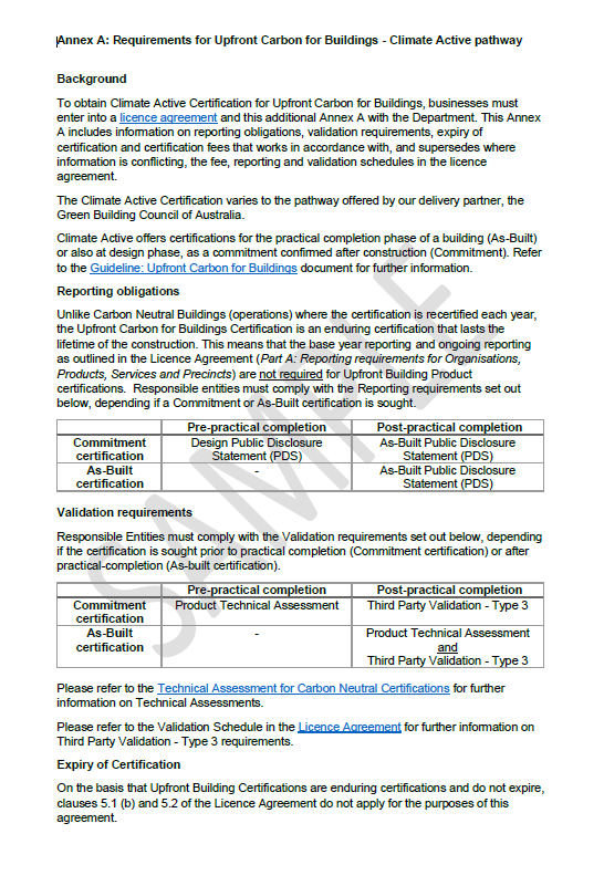 Upfront Carbon for Buildings - Annex A Licence Agreement | Climate Active